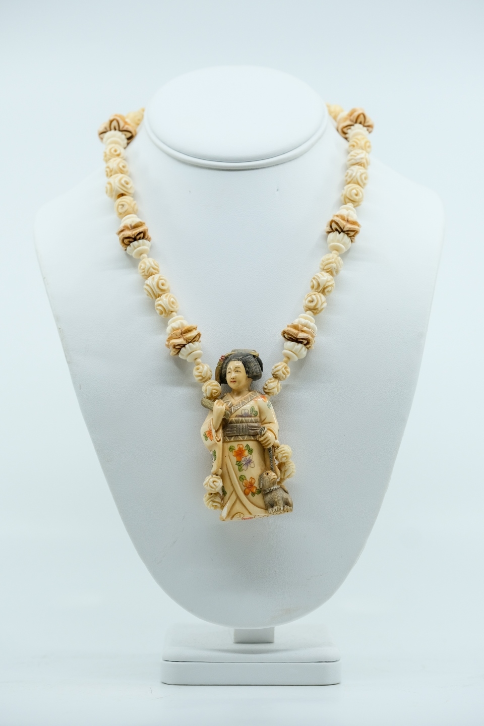 Kimono | ANTIQUE CARVED PRE-BAN IVORY PENDANT & BEAD NECKLA | MutualArt