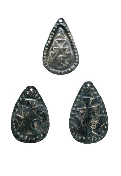 Silver | PRE-COLUMBIAN MOCHE SILVER REPOUSSE PENDANTS, 3 | MutualArt
