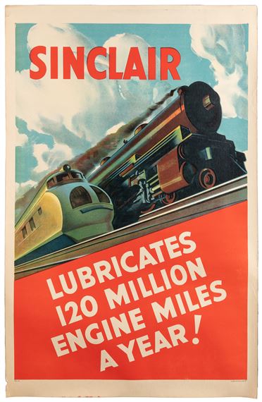 Sinclair | Bold petroleum advertising poster depicts two trains speeding along against blue ...
