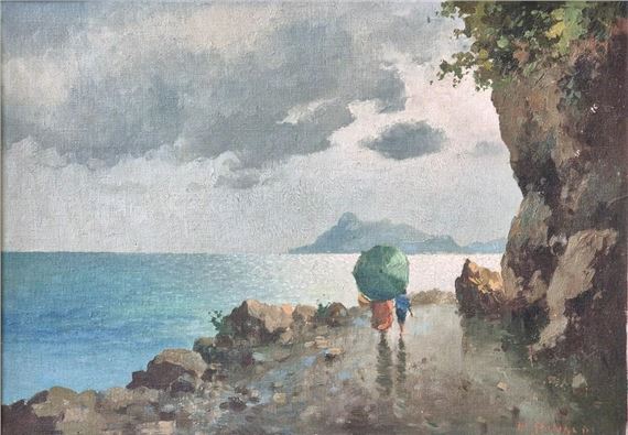 M. Rinaldi | Figures with umbrella walking along a shoreline path ...
