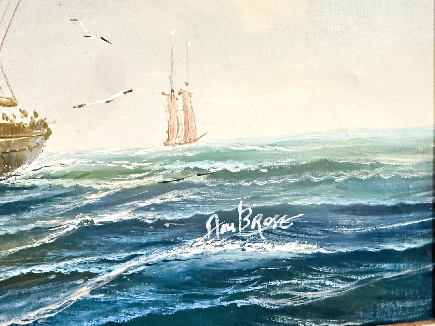 Ann Brose | seascape with three masted galleons in choppy seas | MutualArt