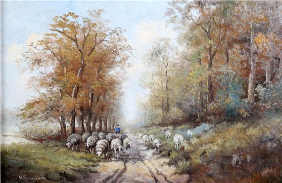 H. Sanders | Schapen met herder op bospad | MutualArt