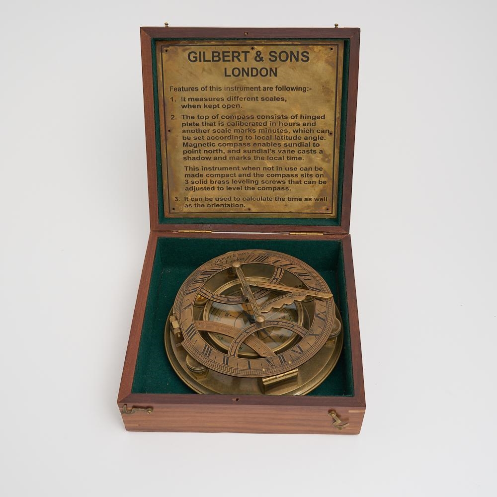 A. Gilbert | A GILBERT & SONS LONDON BRASS SUNDIAL AND COMPASS IN BOX W ...
