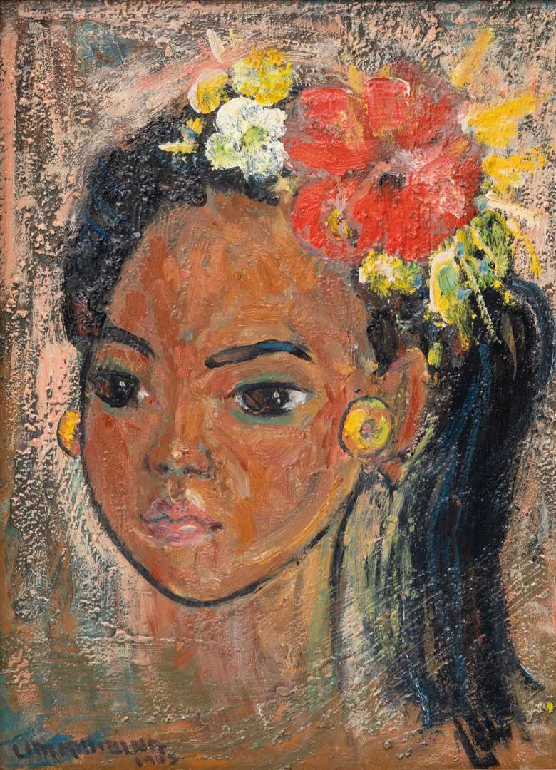 Lim Kwie Bing | Indonesian girl with red hibiscus flower (1963) | MutualArt