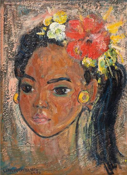 Lim Kwie Bing | Indonesian girl with red hibiscus flower (1963) | MutualArt