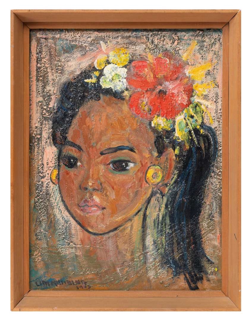 Lim Kwie Bing | Indonesian girl with red hibiscus flower (1963) | MutualArt