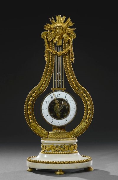 Large | Large ormolu and white marble lyre clock on oval base molded ...