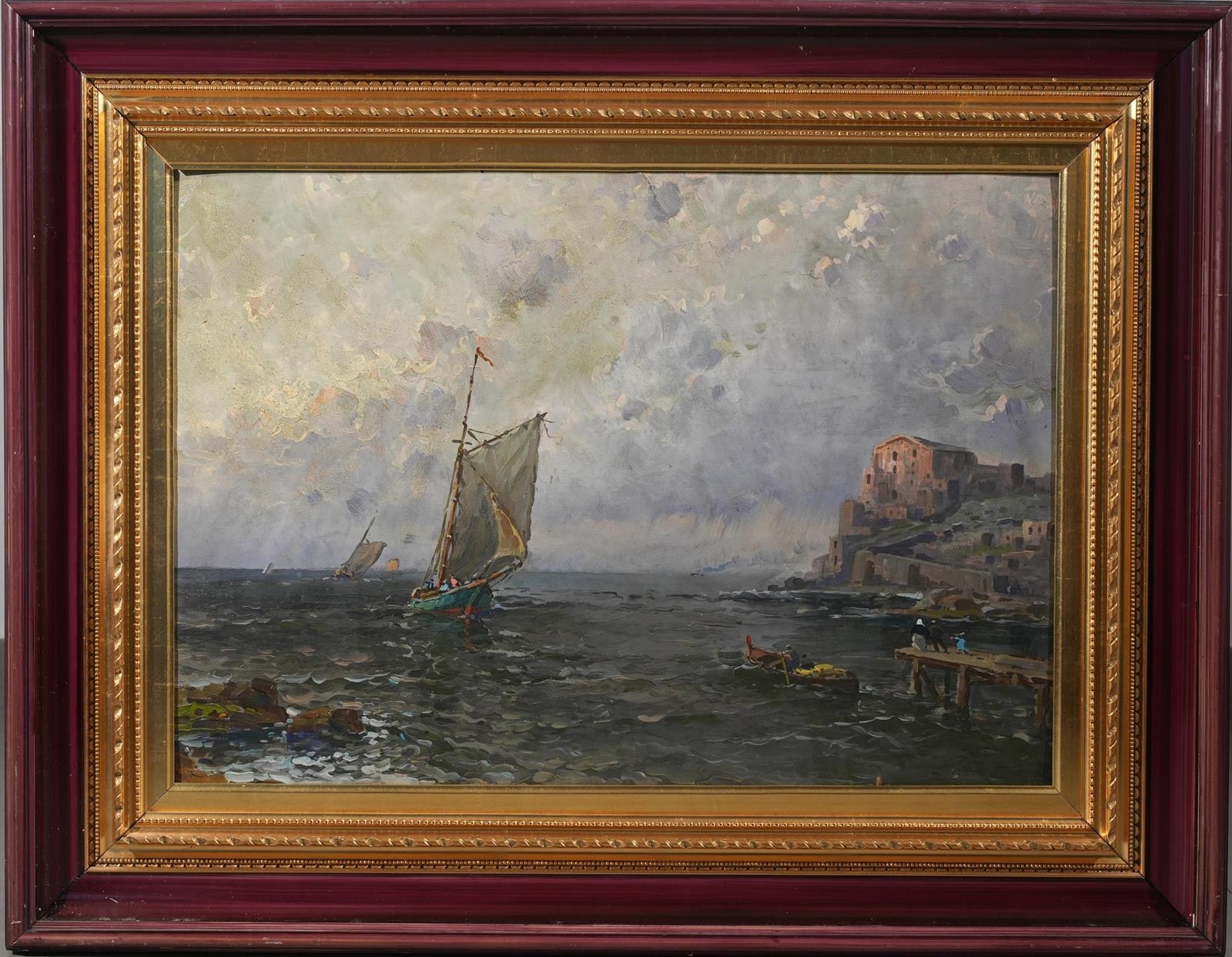 Nicola de Corsi | Paesaggio marino con veliero olio su tavola | MutualArt