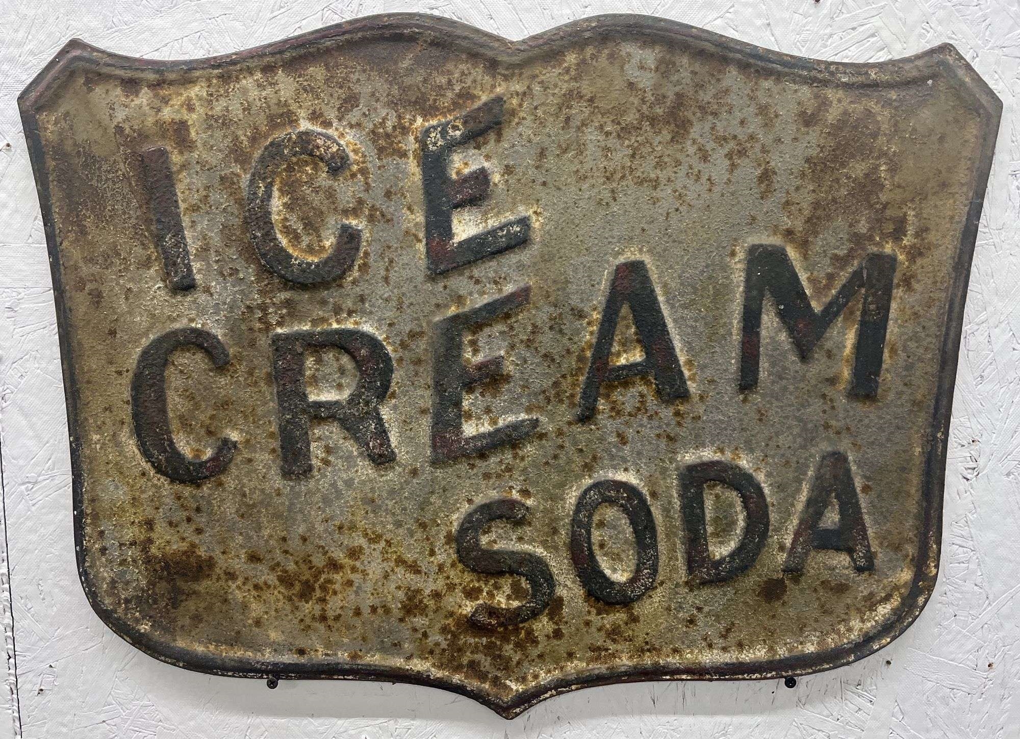 Rusty | G) Embossed Metal Ice Cream Soda Sign | MutualArt