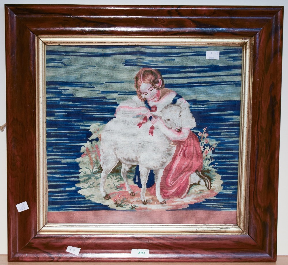 Young | A Victorian rosewood framed woolwork embroidery, depicting a ...