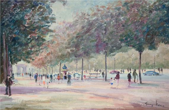 George Hann | bustling Parisian street scene with Arc de Triomphe in ...