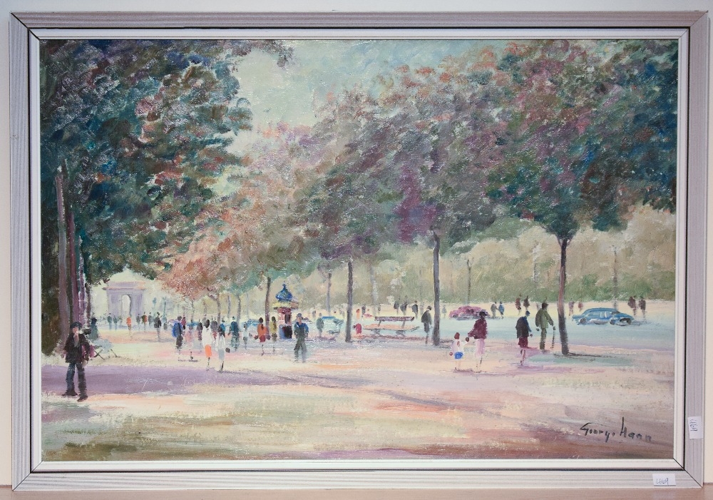 George Hann | bustling Parisian street scene with Arc de Triomphe in ...
