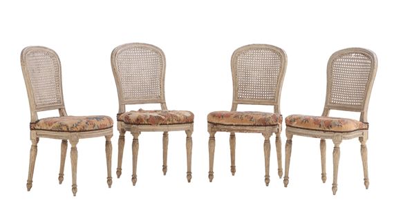 Ed French | Four painted French Louis XVI sidechairs having cane backs ...