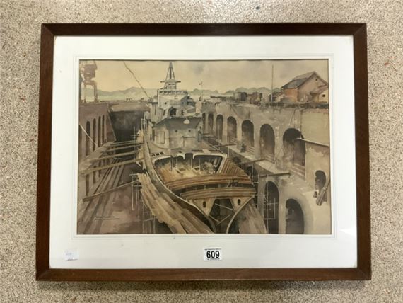 Peter Robbins | WATERCOLOUR DRAWING - VIEW OF A SHIPYARD 'H.M.S.JAVELIN ...