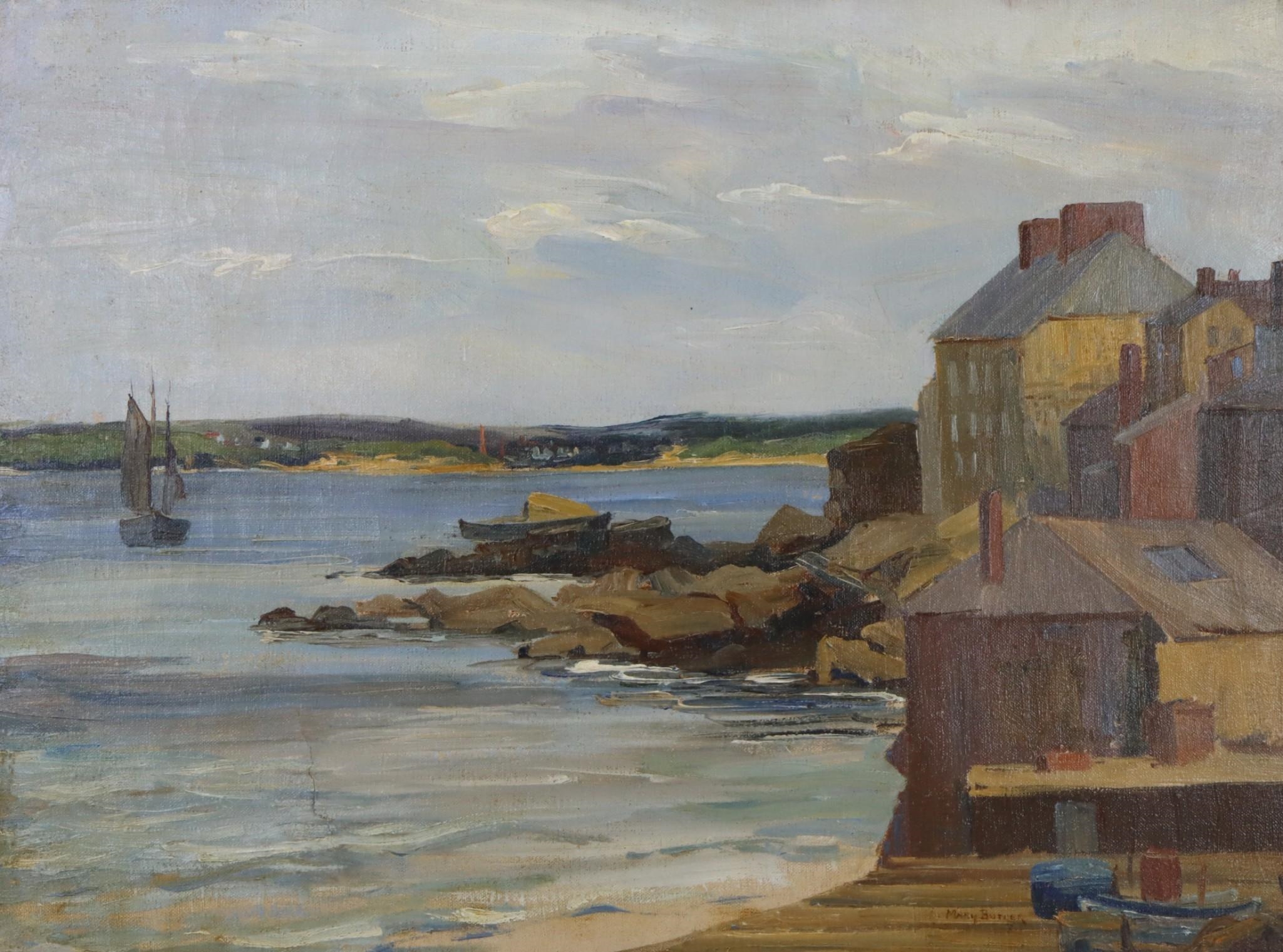 Mary Cable Butler | Impressionist coastal scene of a harbor with rocky ...