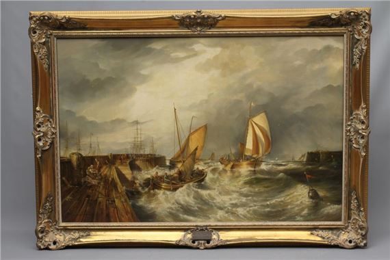 John L. Chapman | English Port View with Fishing Smacks Seeking Shelter ...