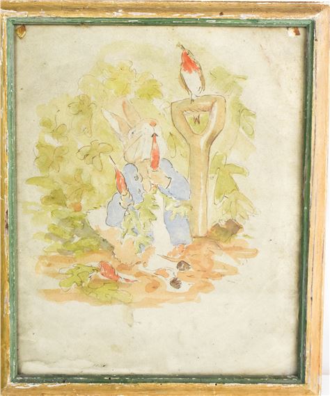 Beatrix Potter | Depicting Peter Rabbit with robin perched upon a spade ...