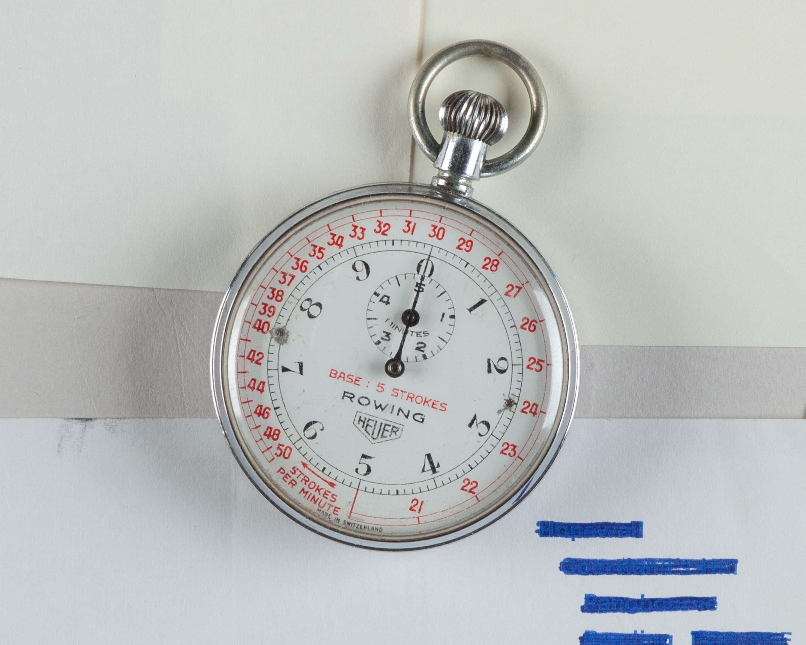 White | Geoffrey Page a rare Heuer Rowing stopwatch in white-metal case ...