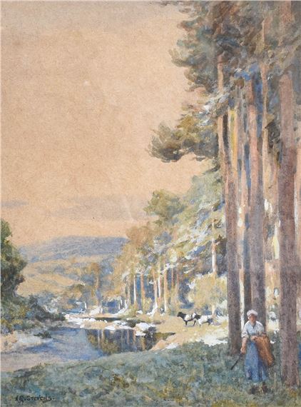 Albert George Stevens | Tree lined river landscape with woman and ...