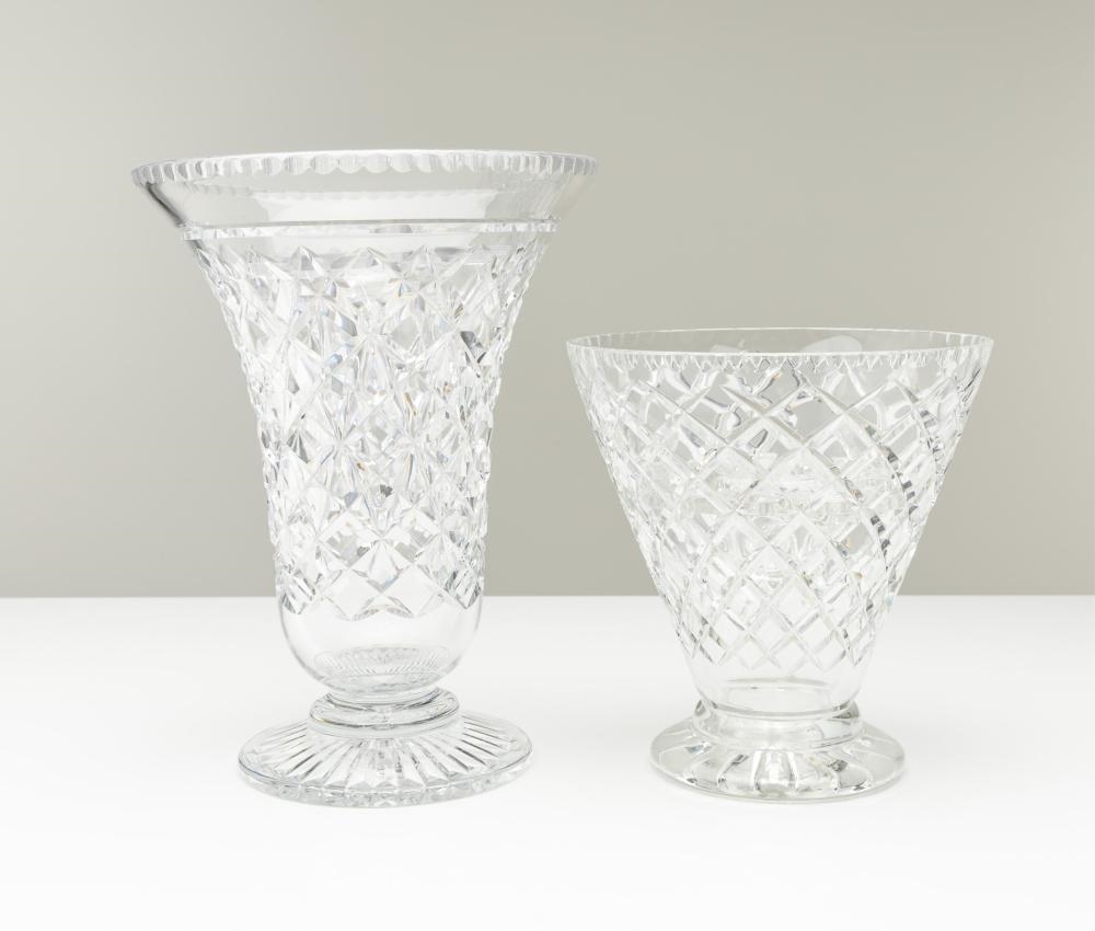 Large | Two large fluted crystal vases with flower frog inserts (H:30 ...