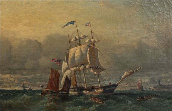 Richard Faxon | Sailboats and a longboat at the entrance to a port ...