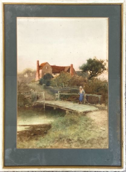 Leopold Rivers | farmhouse with woman on en bridge | MutualArt