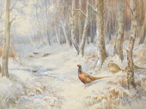 Roland Green | Pheasants and bird in woodland | MutualArt