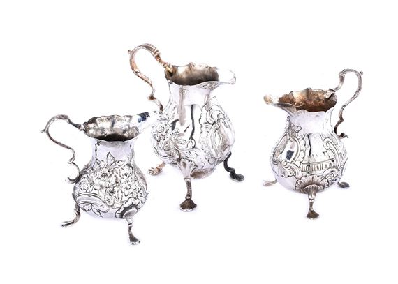 Hope K. Ritchie | THREE EMBOSSED SILVER CREAM JUGS | MutualArt
