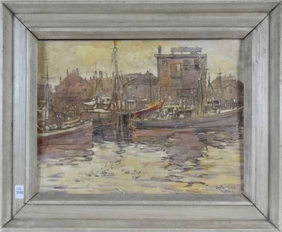 Leslie Cope | Oil painting on panel of fishing boats in harbour (1966 ...