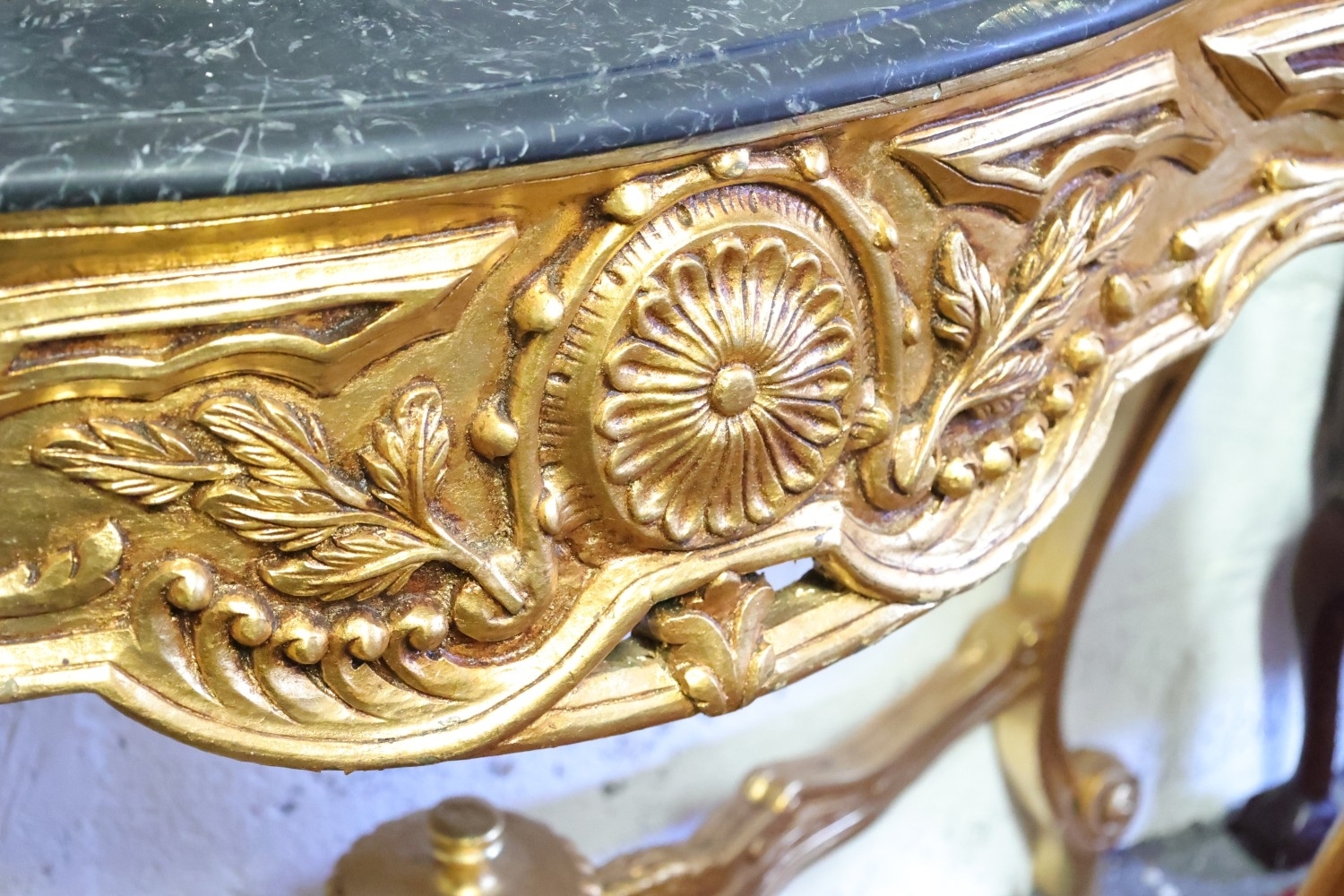 Front | Marble Top Serpentine Front Carved Gilt Wood Side Table Appr ...