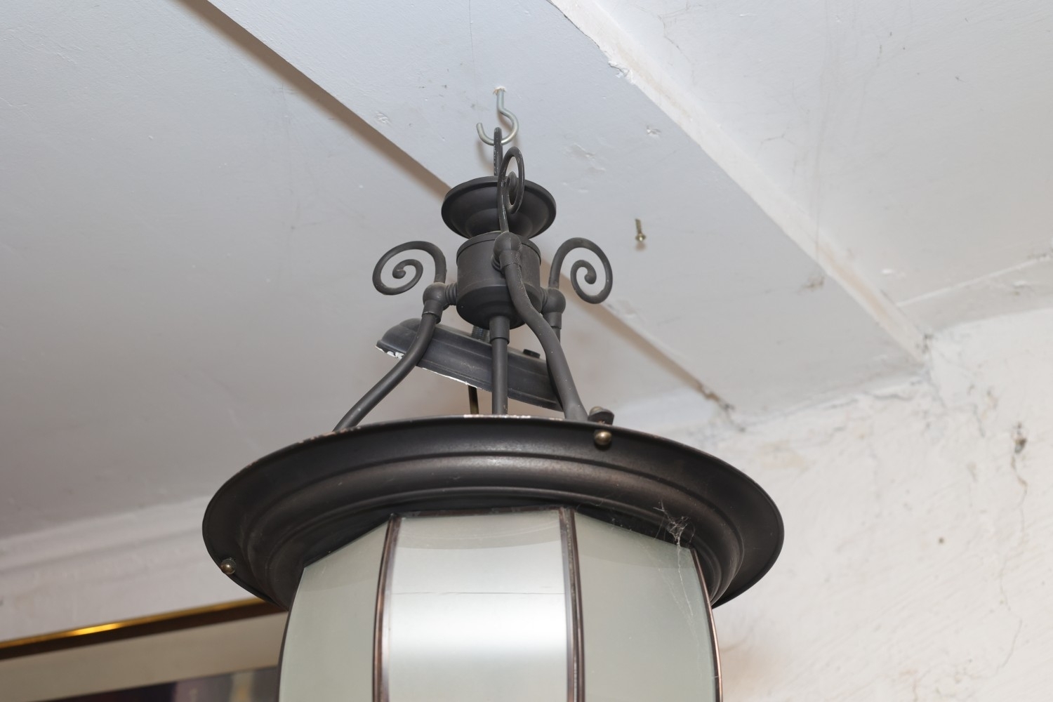 Ceiling | Wrought Metal Ceiling Lantern Inset Glass Panels Electrified ...