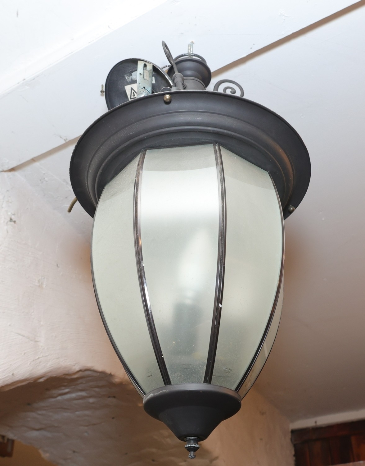 Ceiling | Wrought Metal Ceiling Lantern Inset Glass Panels Electrified ...