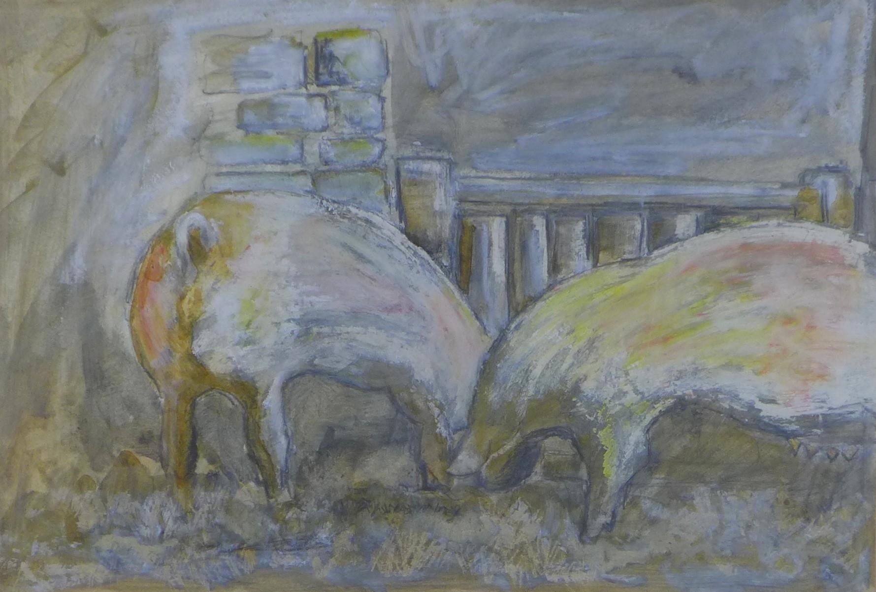 Rona G. Stephen | oil on paper of two pigs | MutualArt