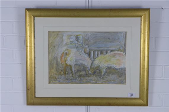 Rona G. Stephen | oil on paper of two pigs | MutualArt