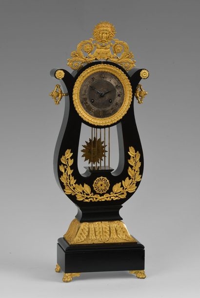 Guido Silvestri | Ebony veneered and gilt bronze lyre clock with silver ...