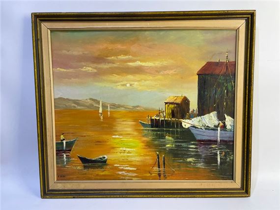 Sun 7 | Harbor Scene at Sunset Painting | MutualArt
