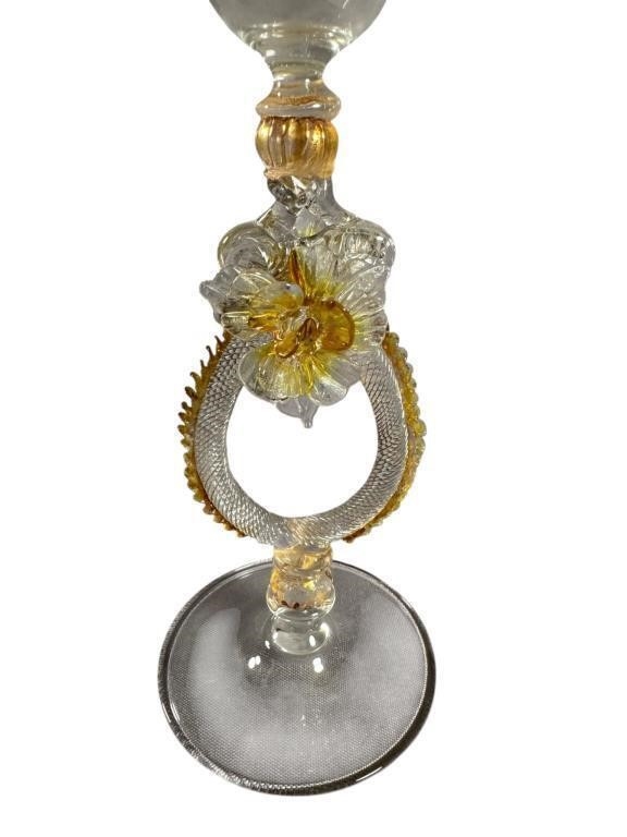 Golden | Venetian Blown Glass Wine Flute with Yellow Flower | MutualArt