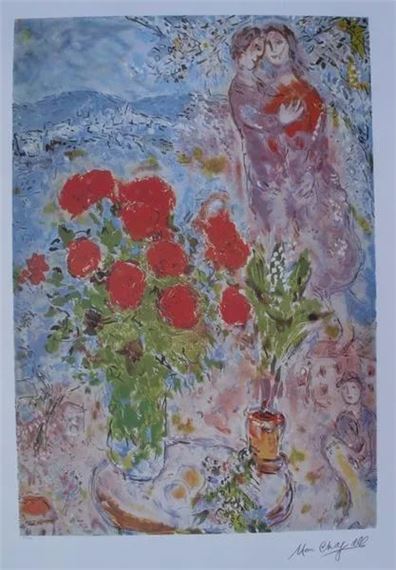 Marc Chagall | Red Bouquet with Lovers Lithograph | MutualArt
