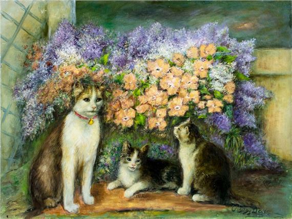 Peggy Dodds | Three Cats with Flowers | MutualArt