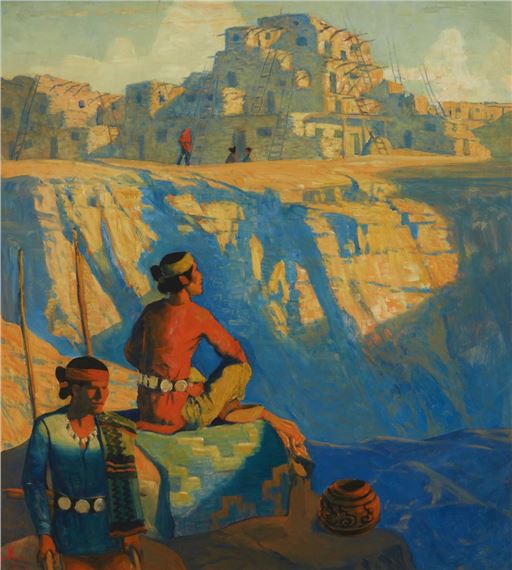 Hernando Villa | Figures with a view of Walpi Pueblo | MutualArt
