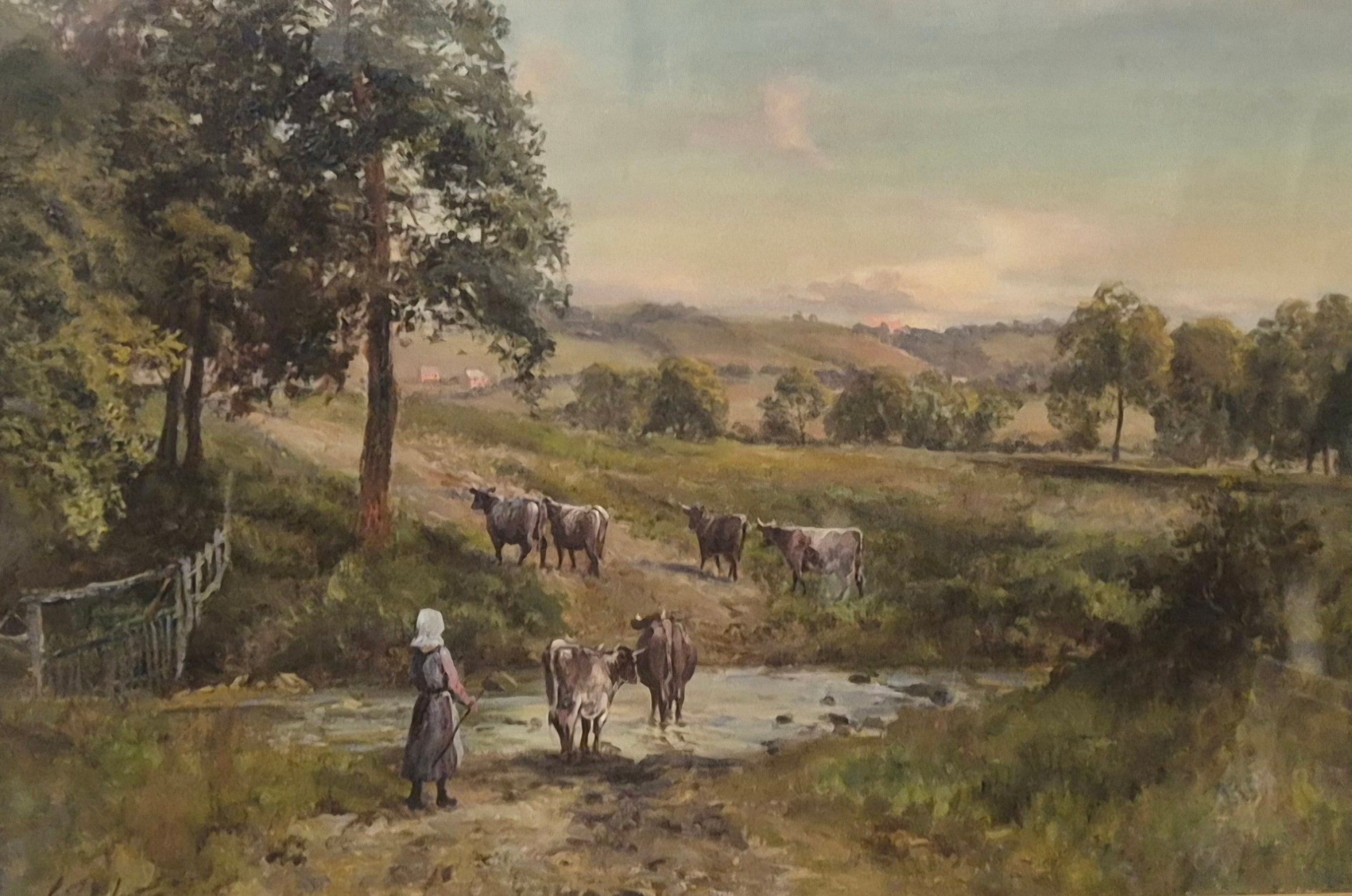 John Falconer Slater | rural scene with farm girl and cattle by a ...