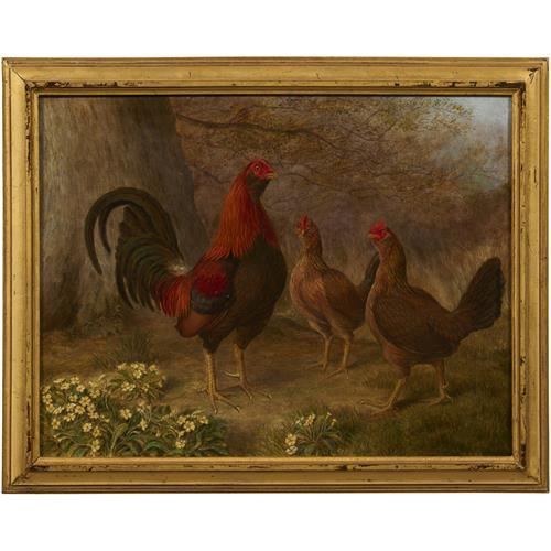 Herbert Atkinson | A cockerel and two hens in woodland | MutualArt