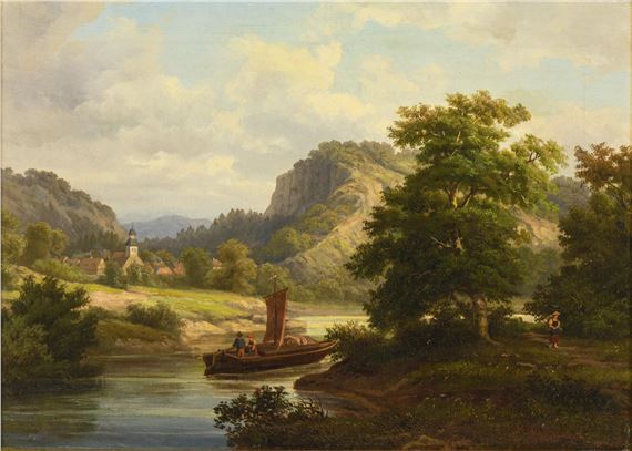 Adolf Chevalier | River landscape with sailor near village | MutualArt