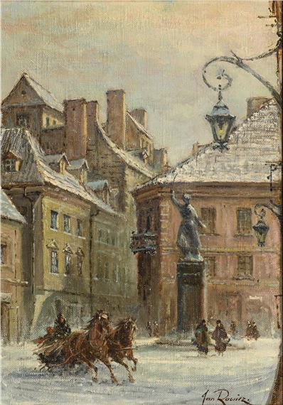 Jan Rawicz | Winter city view with horses | MutualArt