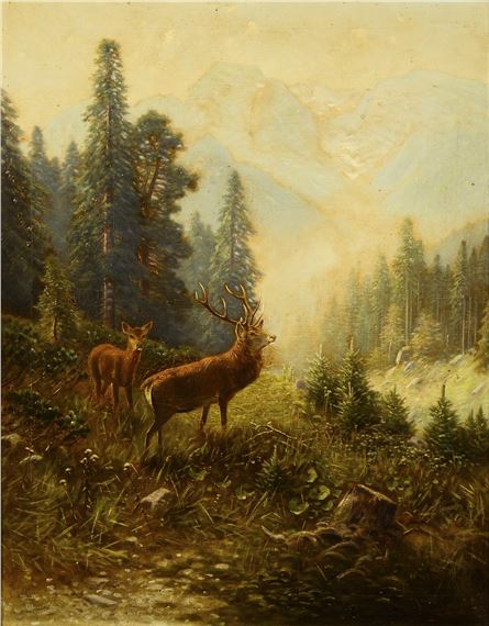 Ludwig Skell | Hirsche am Waldrand | MutualArt