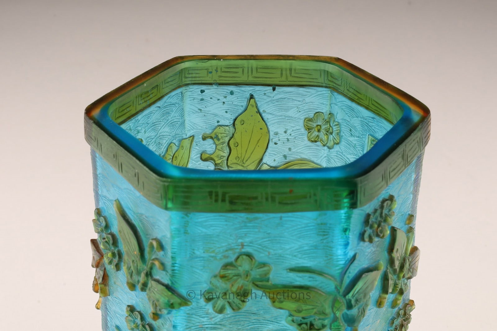 Green | Signed Chinese Octagonal Peking Glass Brush Pot | MutualArt