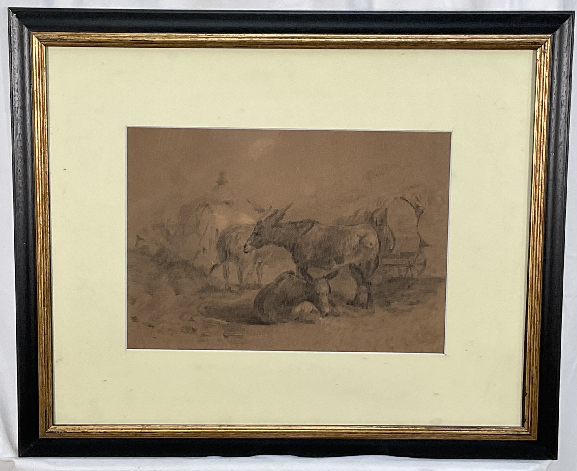 James Ward | Manner of James Ward, charcoal and chalk - Donkeys with a ...