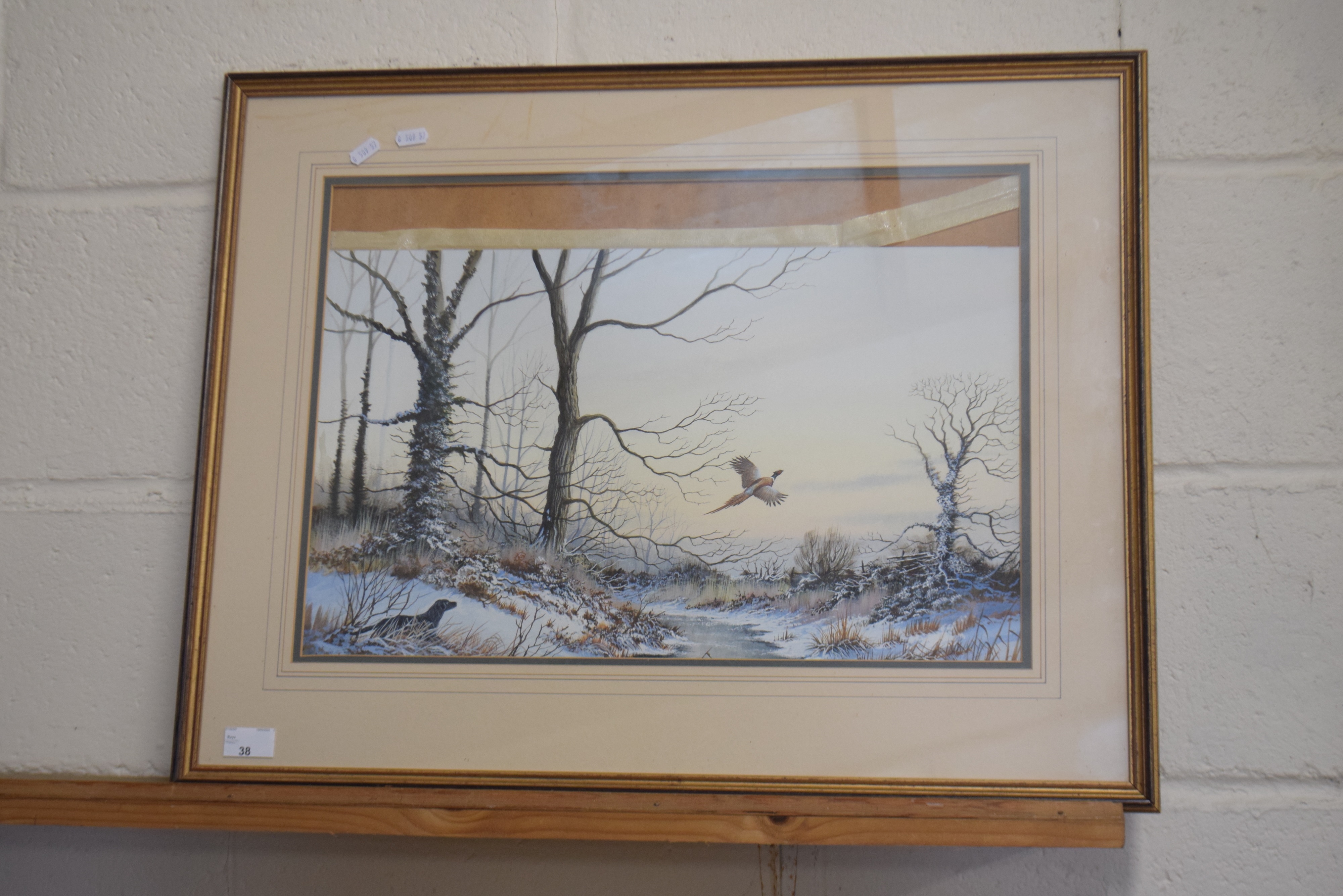 S.F. Clarke | Labrador flushing pheasant in wintery landscape | MutualArt