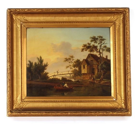Dutch School, 18th Century | study of figures in a boat with cottage ...