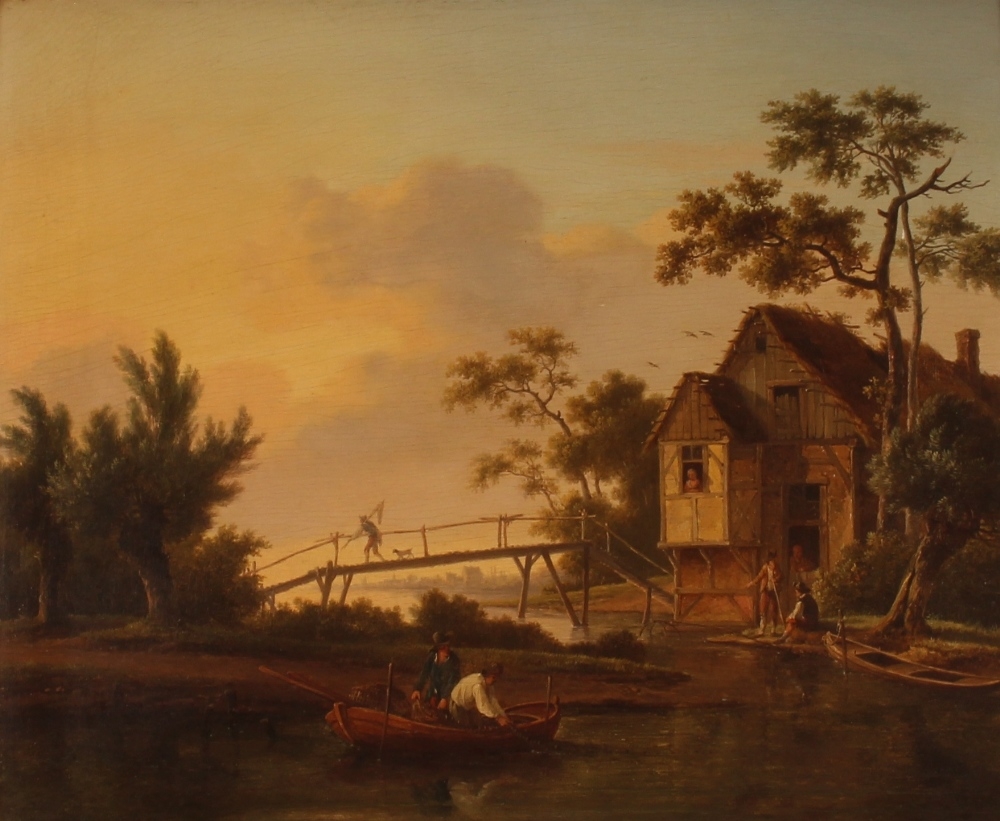 Dutch School, 18th Century | study of figures in a boat with cottage ...